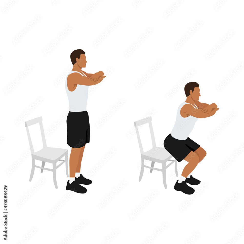 Man character doing Chair squat exercise. flat vector illustration ...