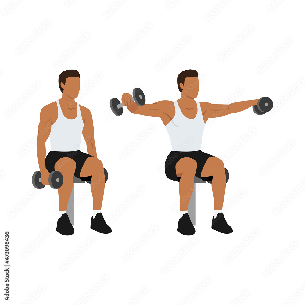 Man doing Seated dumbbell Lateral raises. Power partials exercise. Flat ...