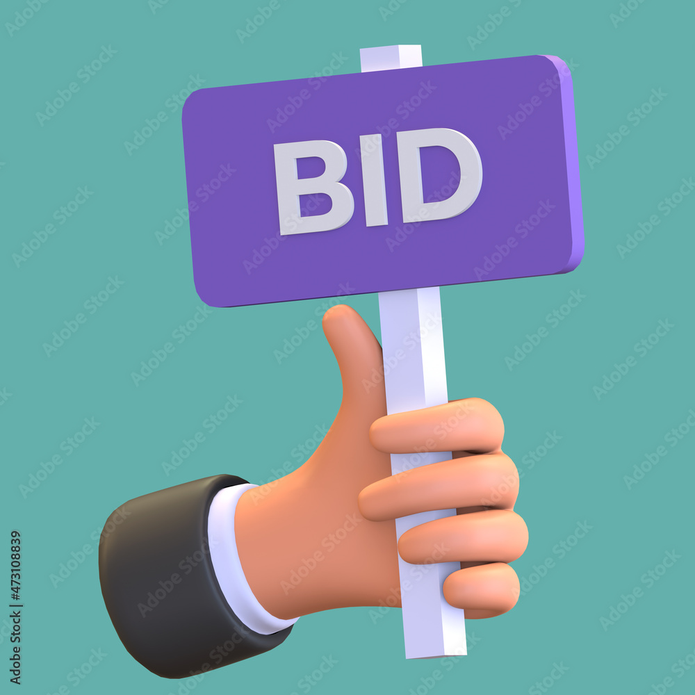 hand holding auction bid text board icon 3d rendered illustration Stock ...