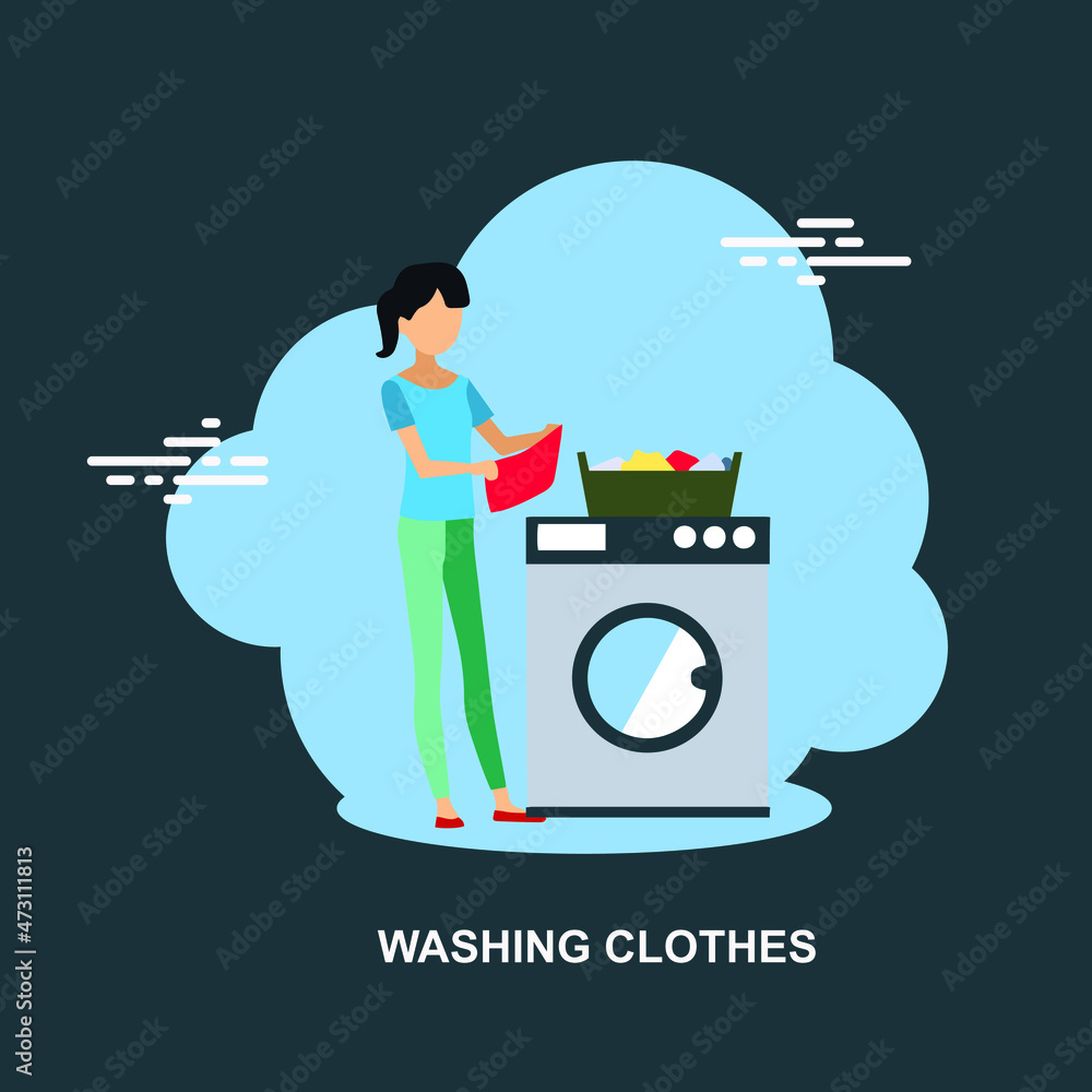 Washing clothes by keeping clothes in washing machine by young ...