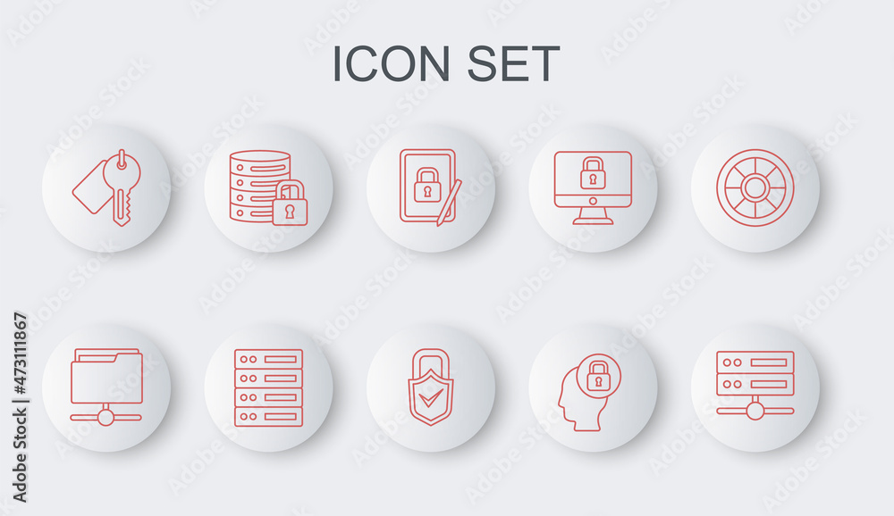 Set line Server, Data, Web Hosting, FTP folder, Tablet with closed padlock, Human head, Marked ...