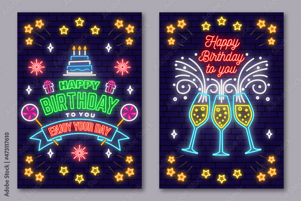 Happy Birthday to you neon sign. Card, flyers, poster with Champagne ...