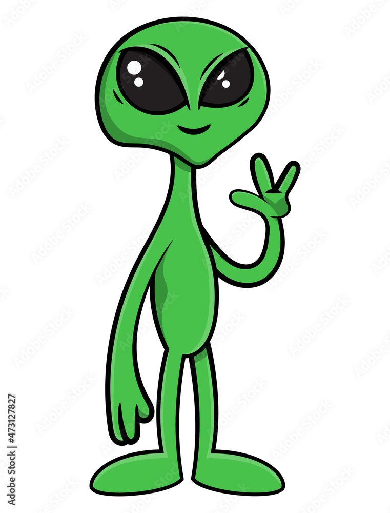 Cartoon illustration of Green Alien coming to earth with peace and ...