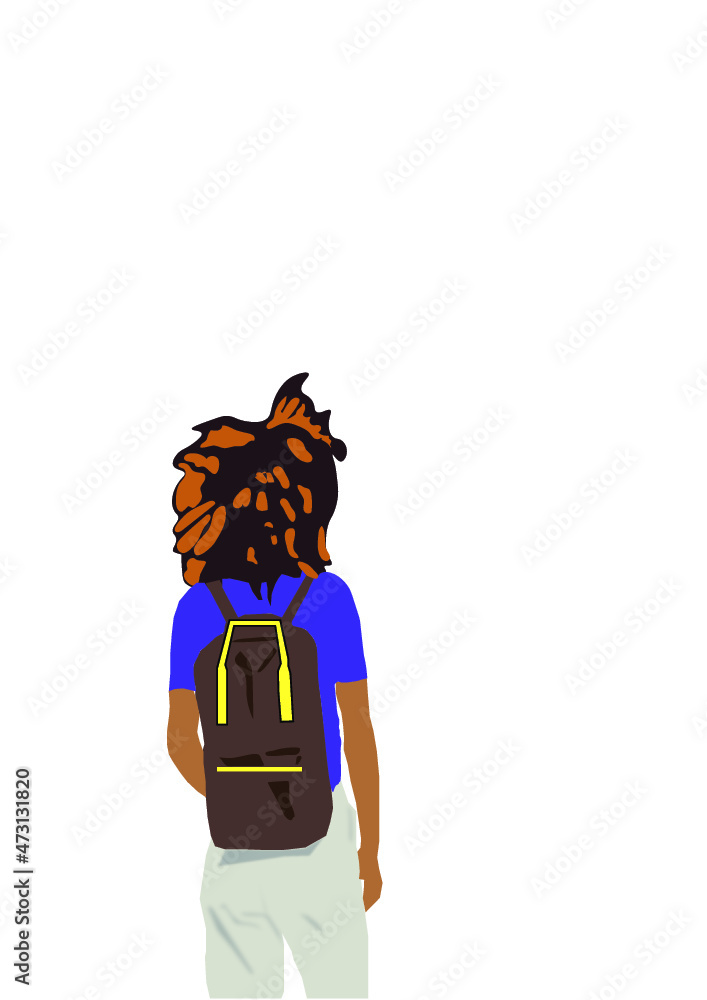 Afro-American boy on his back with a backpack back to school. Black boy ...