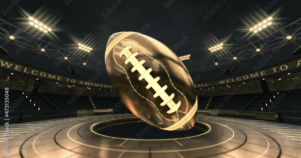 Virtual sport stadium with glowing American football ball floating in ...