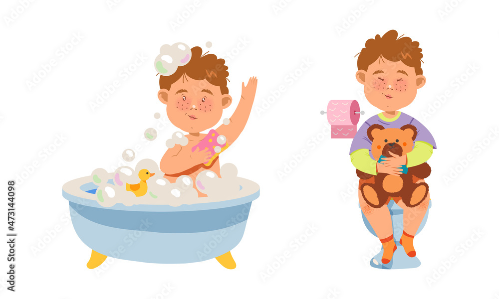 Boys taking bath and sitting on toilet set. Kids daily routine cartoon ...