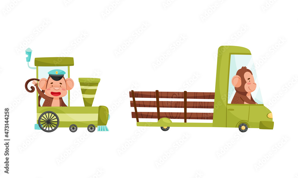 Cute monkey character in transport set. Funny jungle animal driving ...