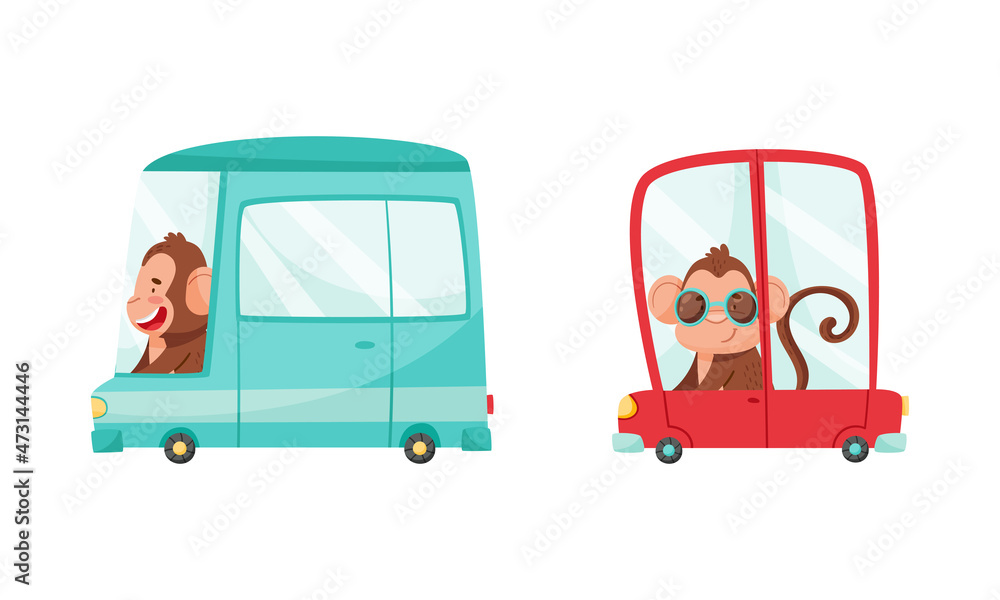 Cute monkey character in transport set. Funny jungle animal driving bus ...