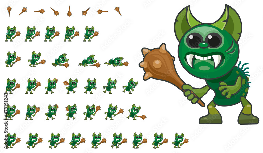 Goblin armed with a club. Game animated character in various poses ...