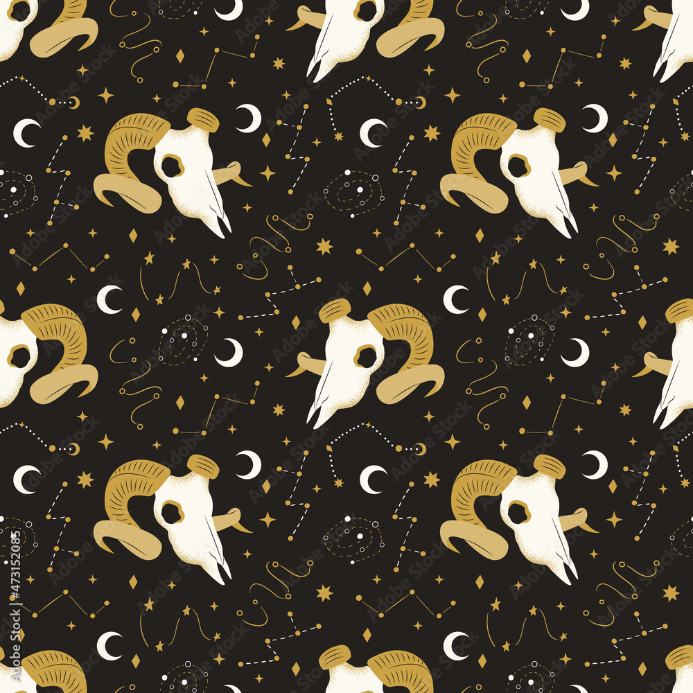 Seamless pattern of magic goat skull with celestial symbols of stars ...