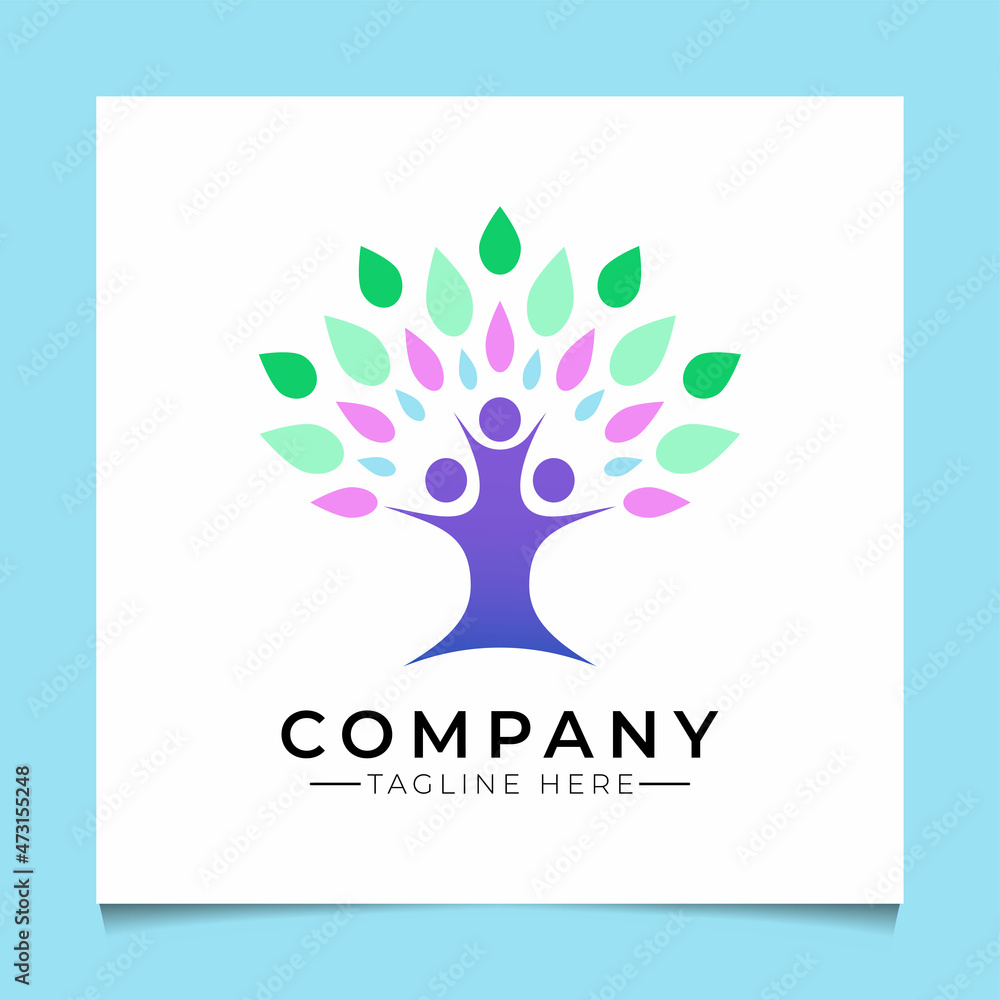 Tree logo template with colorful leaves with three people inside Stock ...