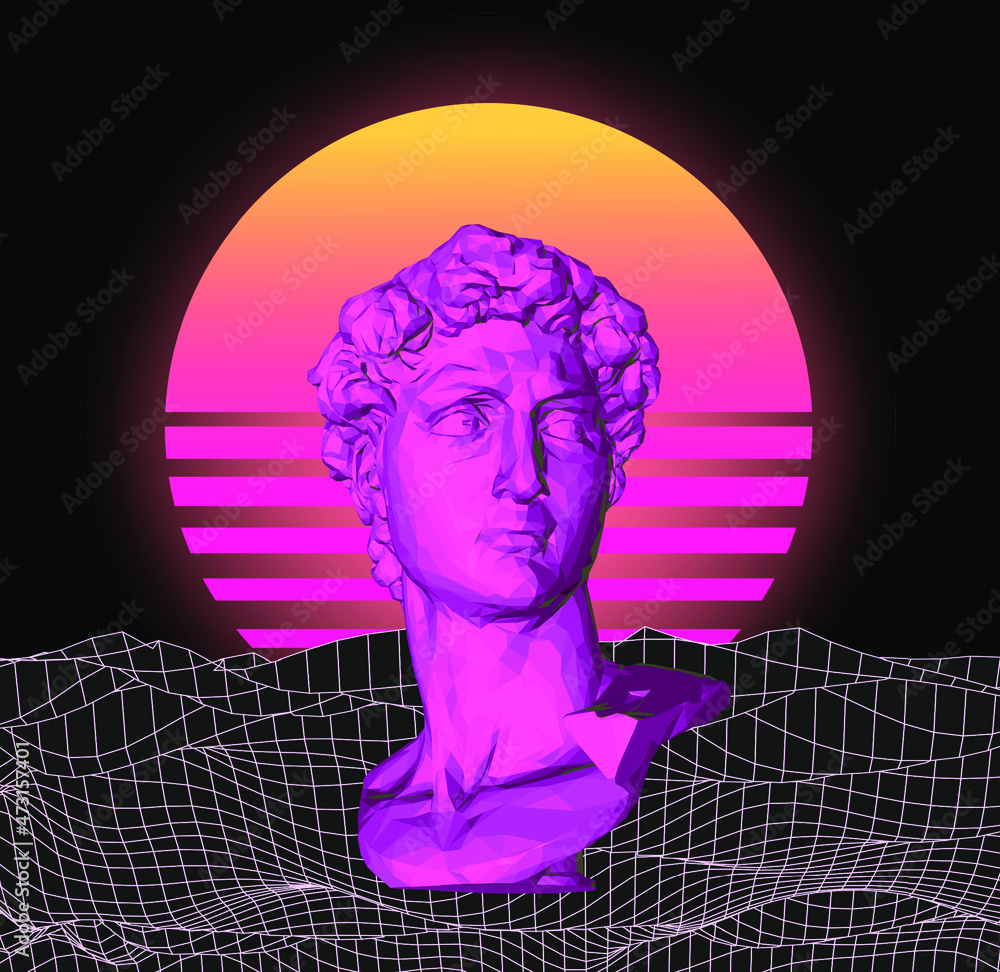 Retrofuturistic style 3D illustration of a low poly bust on dark ...