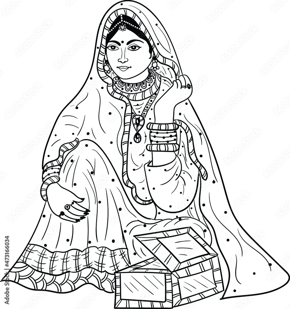Vetor de Indian bride black and white line drawing clip art. Indian ...
