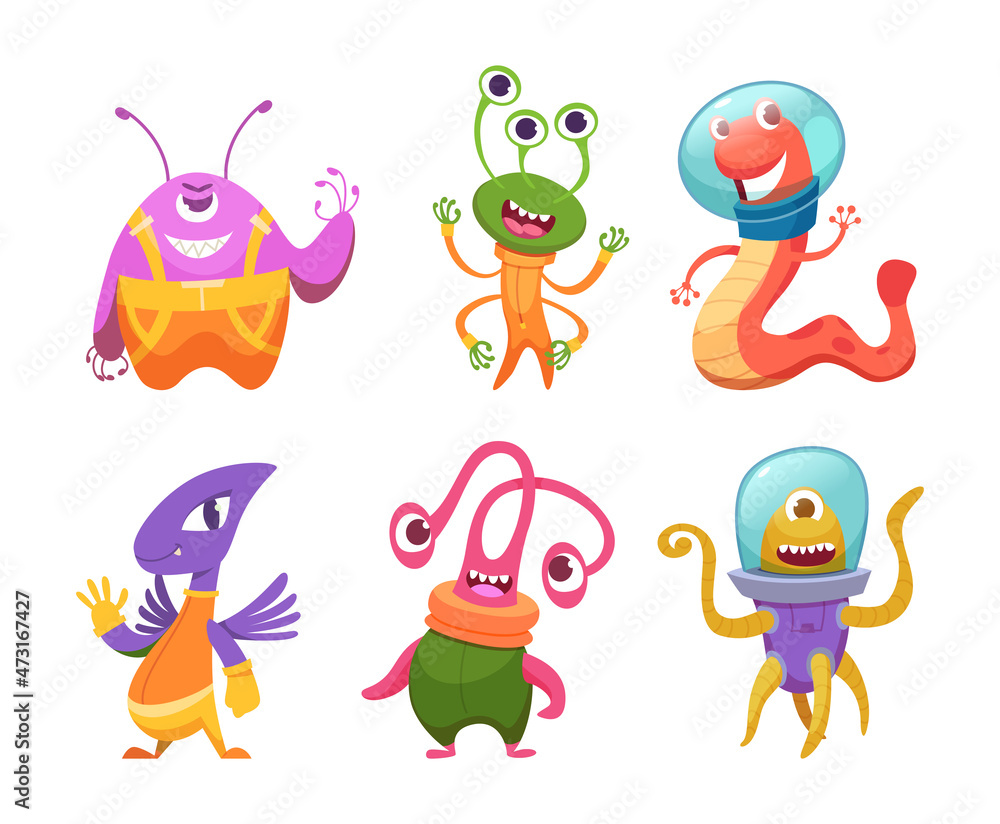 Cartoon aliens. Space monsters freak mysterious funny future comics ...