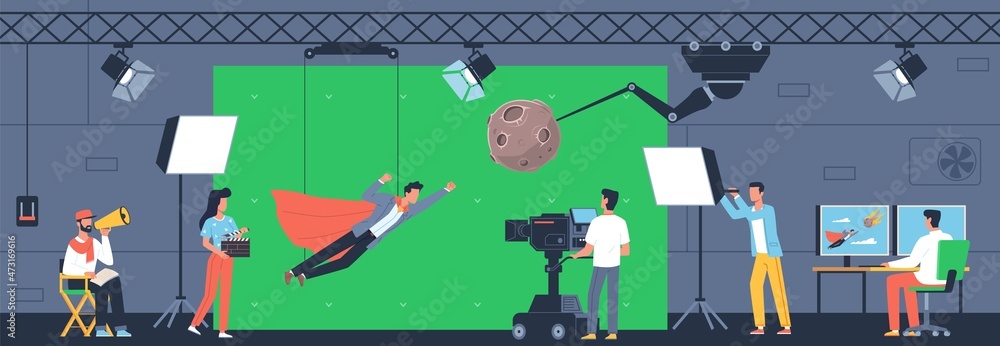 Movie production process. Actor action on green screen, shooting movie ...