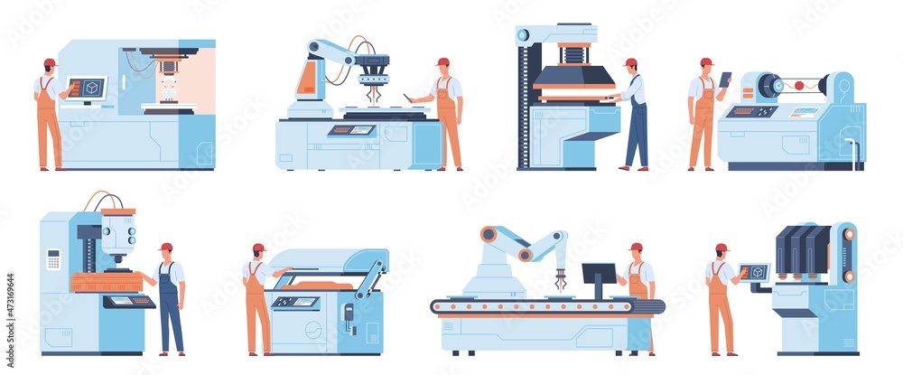 Factory workers people. Industrial machines, electronic manufacturing ...