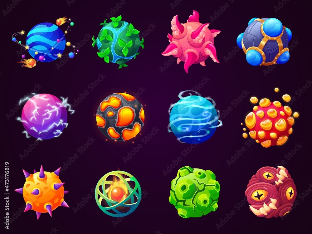 Fantasy cartoon planet. Game design planets, kids fantastic space world ...