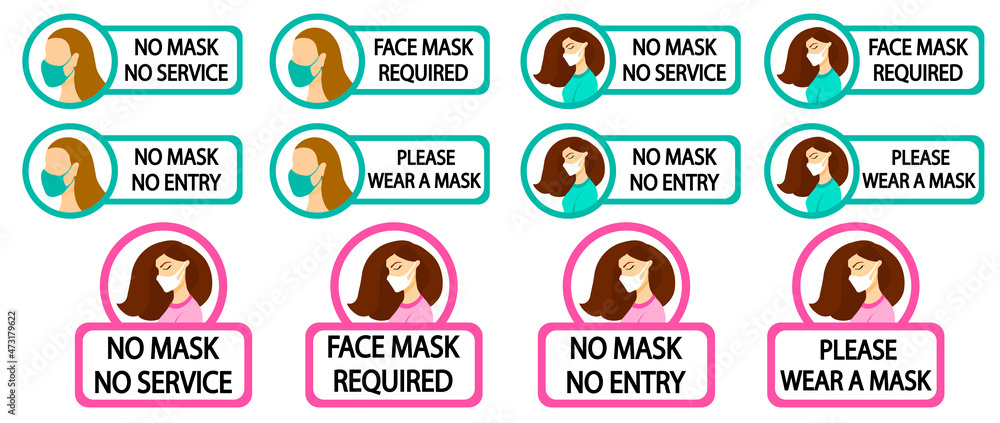 Coronavirus protection sign set. No mask no service. Face mask required ...