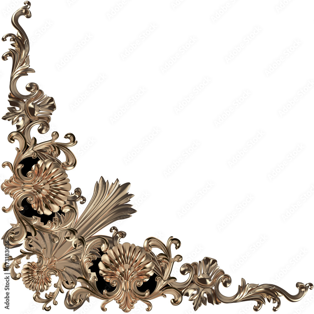3D-image gold corner ornament in rococo style for ceiling decoration ...