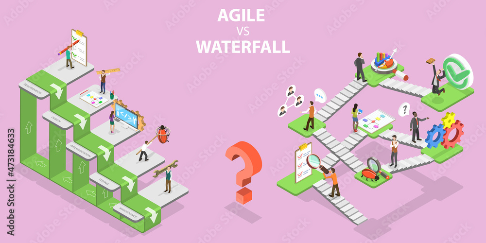 3D Isometric Flat Vector Conceptual Illustration of Agile vs Waterfall ...