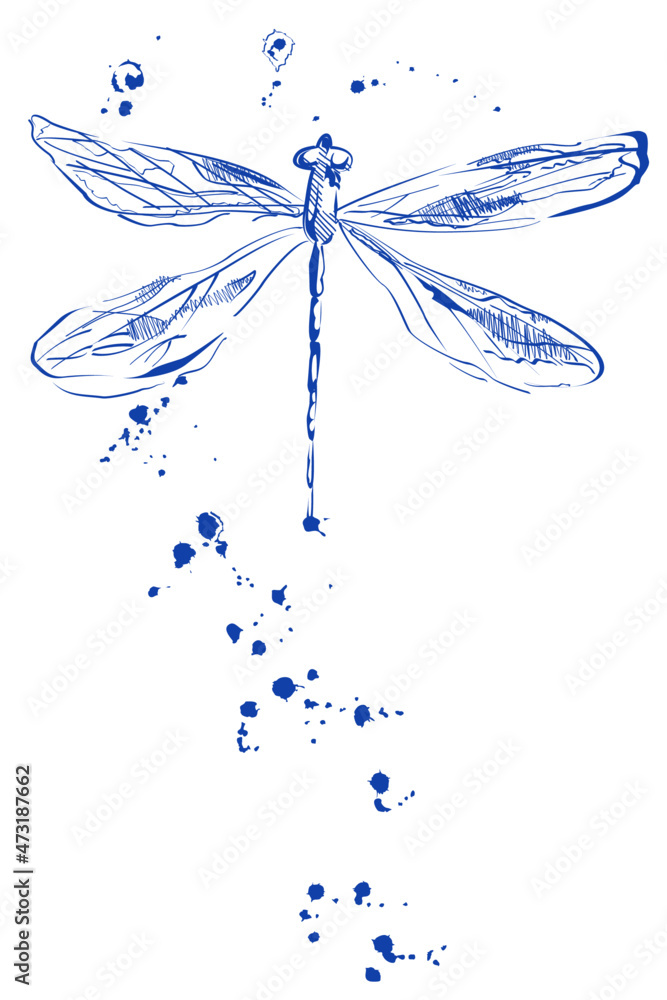 Vector illustration of a dragonfly and ink blots on white background ...