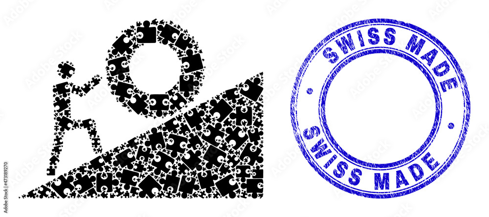 Puzzle man rolling tire up mosaic icon with Swiss Made seal. Blue ...