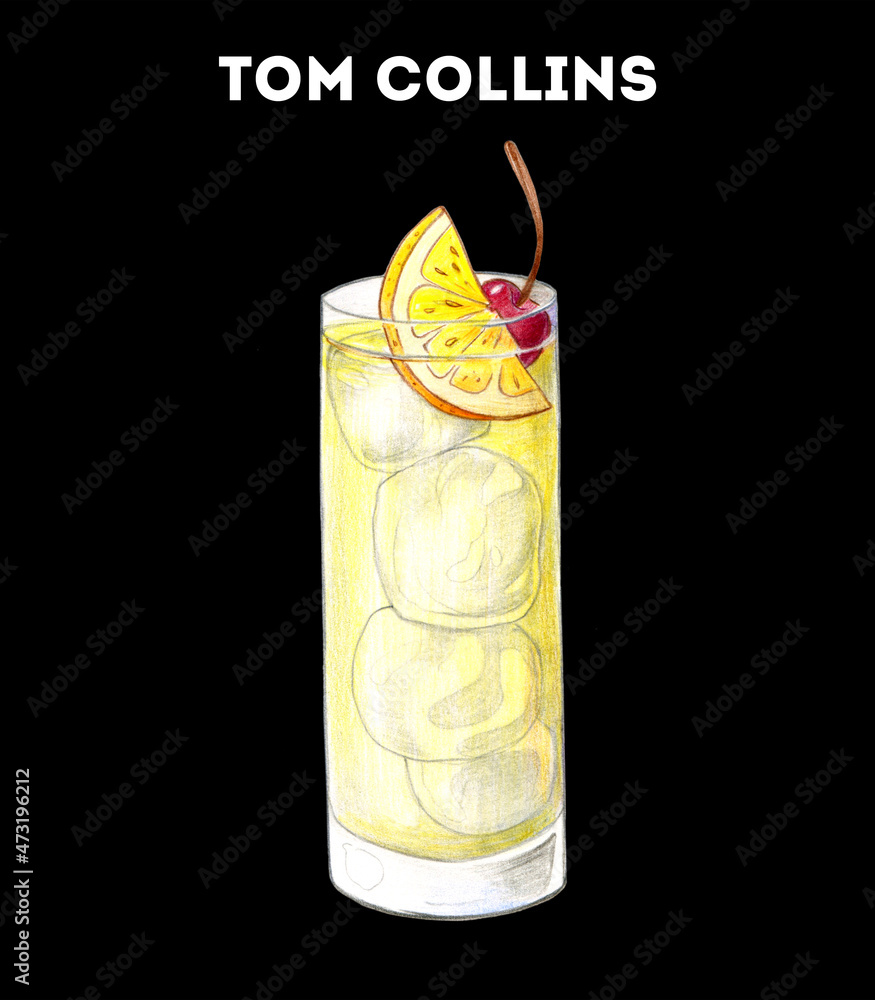 Tom Collins cocktail illustration. Alcoholic cocktail hand drawn ...