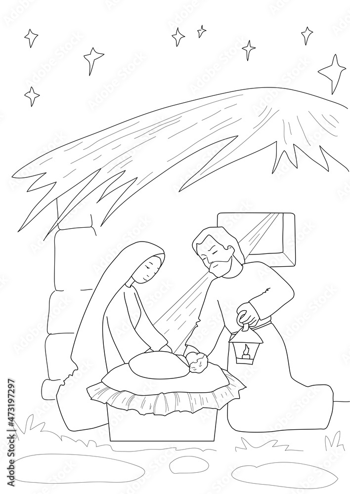 A Christmas nativity scene coloring cartoon, with baby Jesus, Mary and ...