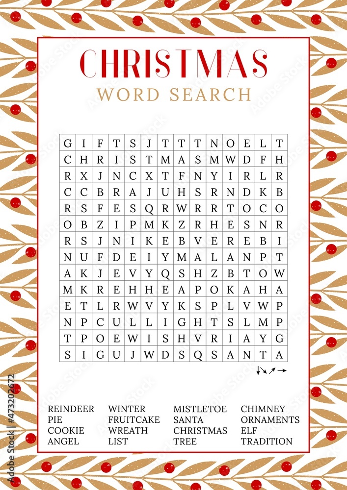 Christmas word search puzzle. Holiday crossword worksheet, find 16 ...