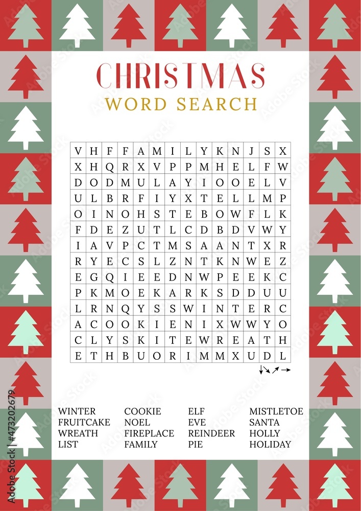 Christmas word search puzzle. Holiday crossword worksheet, find 16 ...