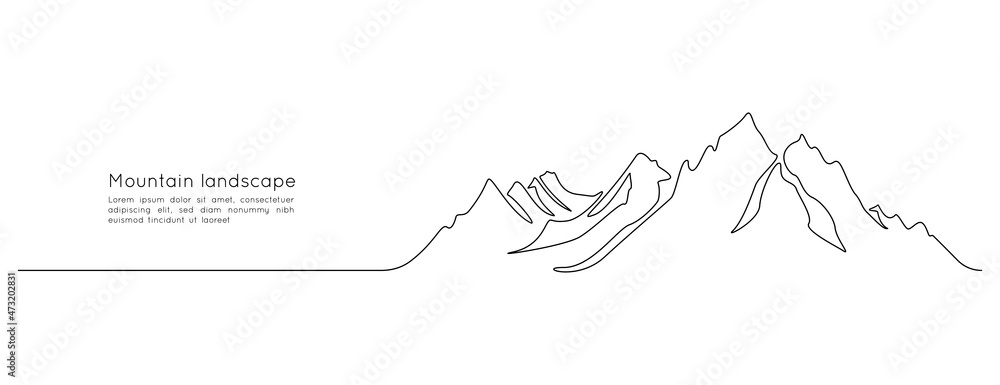 One continuous line drawing of mountain range landscape. Mounts in ...