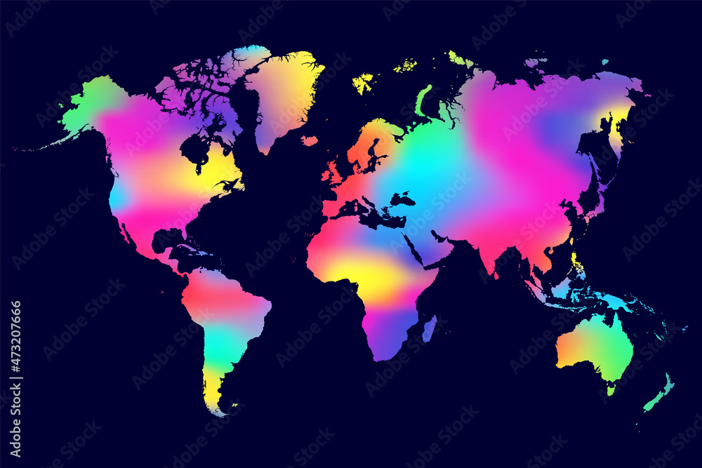 Rainbow color map world. Neon worldmap global. Worldwide globe. Colours ...