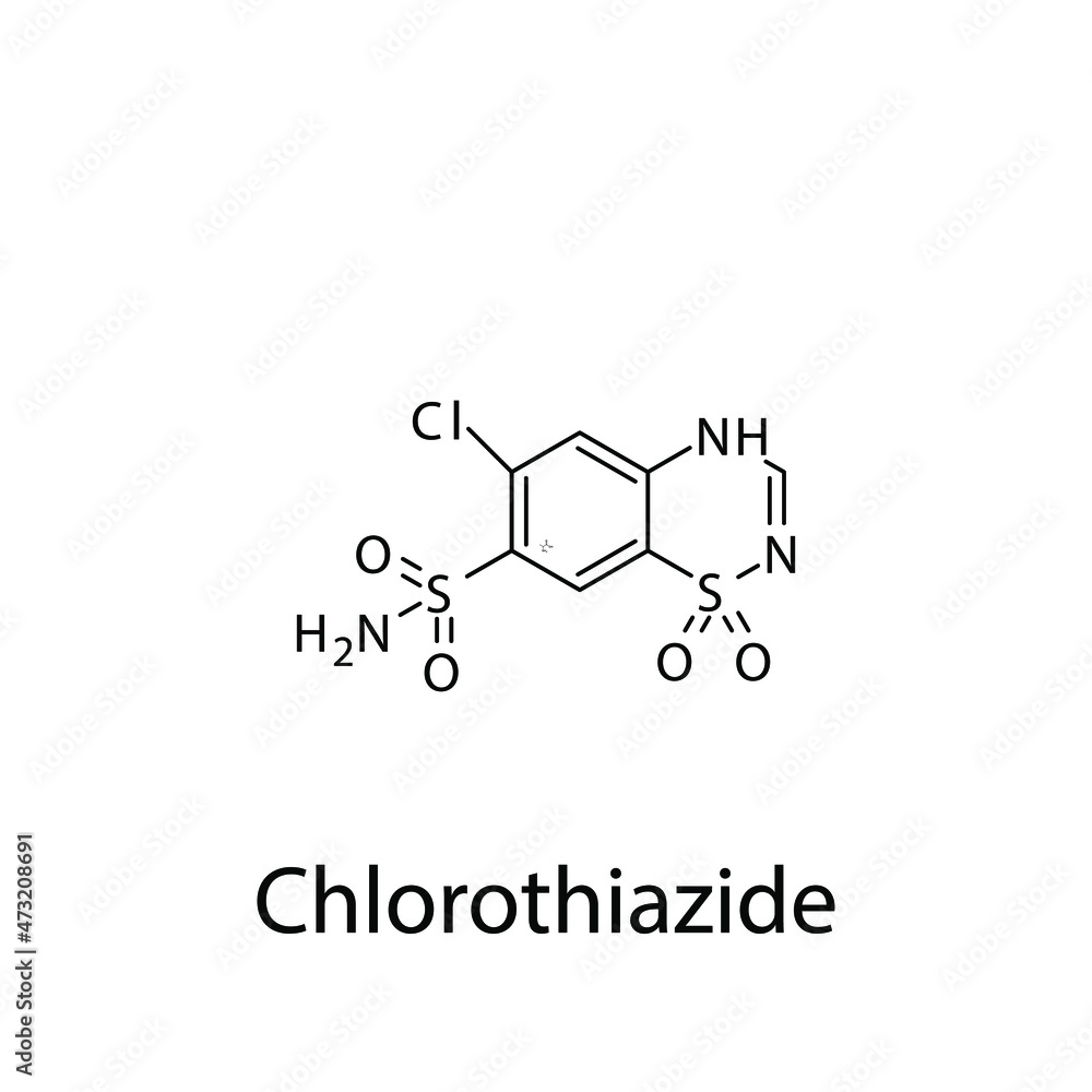 Chlorothiazide molecular structure, flat skeletal chemical formula ...