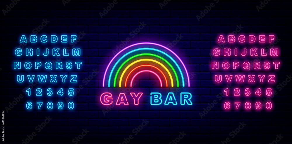 Gay bar neon logo with rainbow with alphabet.. Homosexuality concept ...