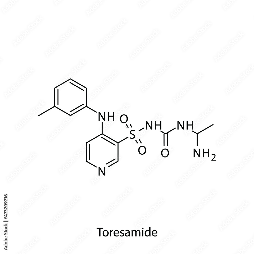 Toresamide molecular structure, flat skeletal chemical formula. Loop ...