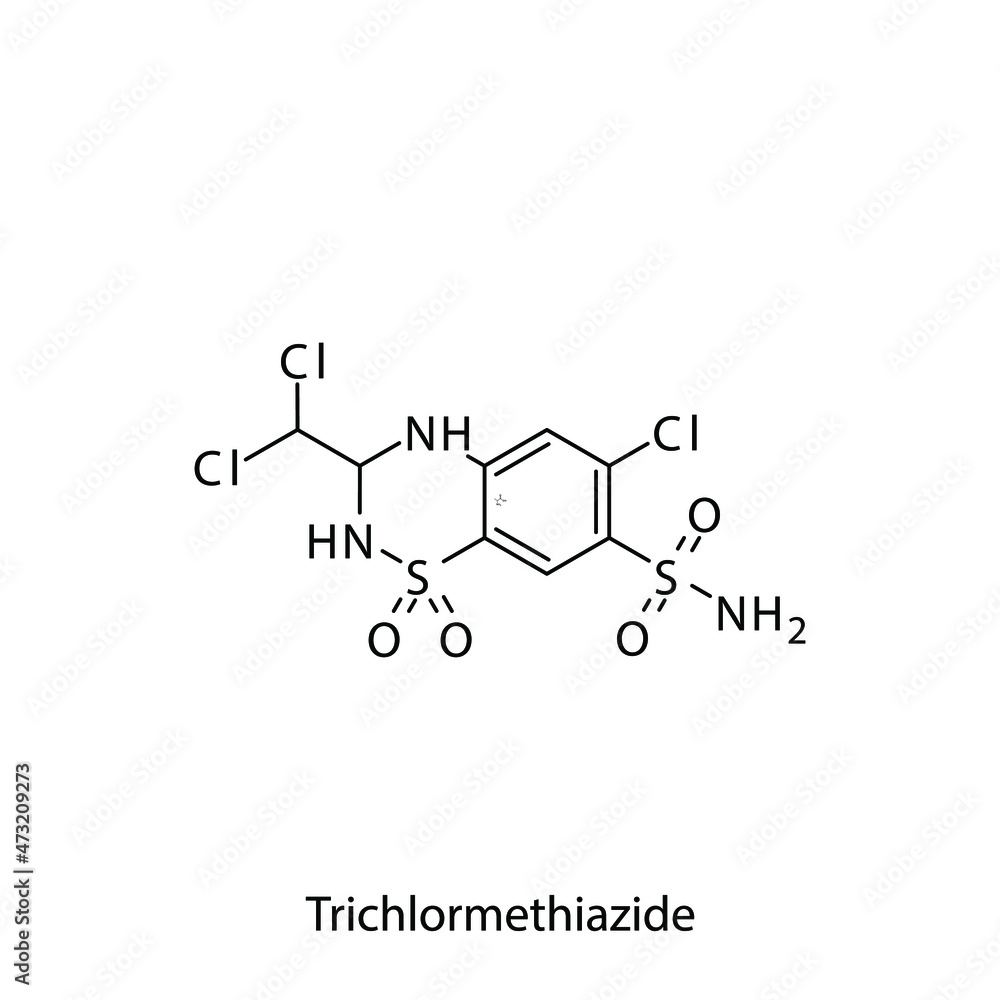 Trichlormethiazide molecular structure, flat skeletal chemical formula ...