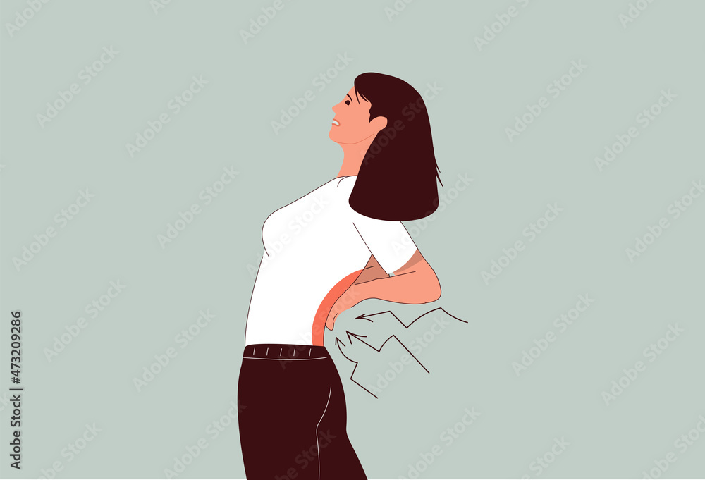 Suffering from Chronic back pain concept. Young woman standing holding ...