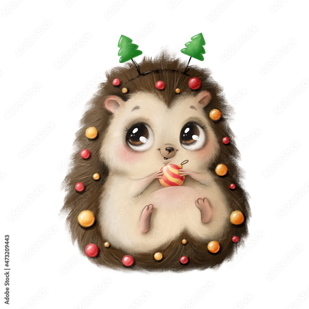 Illustration of a cute cartoon Christmas hedgehog isolated on a white ...