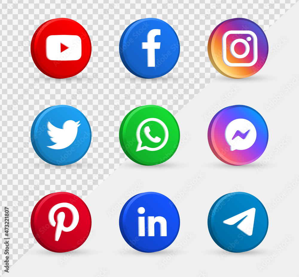 Social media 3d icons. social network 3d logo or networking - popular social media icons in 3d ...