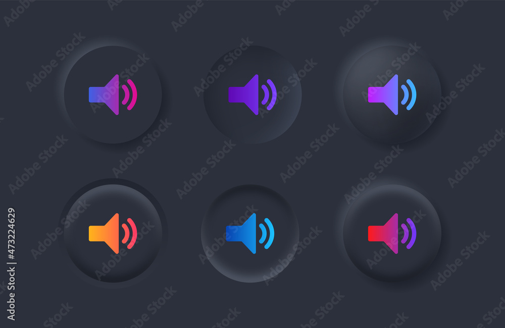 Speaker icon with gradient color in black neumorphism buttons, sound ...