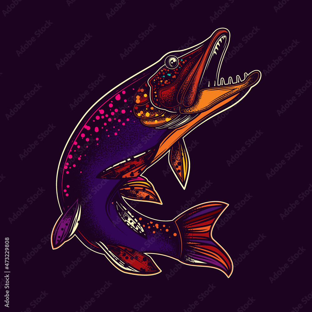 Original vector illustration in vintage style. Fish-pike. T-shirt ...