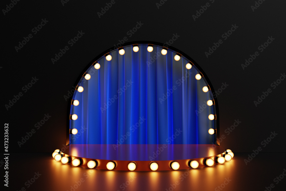 3d illustration of a scene from a circle with blue theater curtains ...