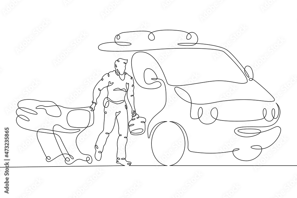 One continuous line.Doctor on urgent call. An orderly with a stretcher ...