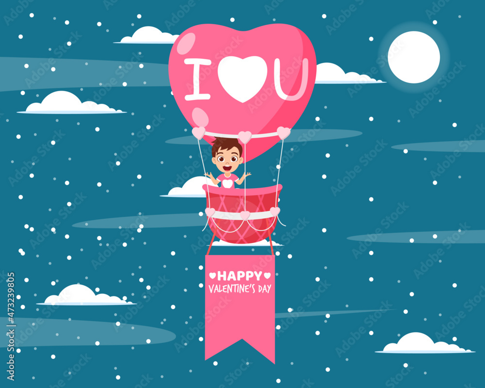 Happy cute kid boy character flying with hot air hart shape valentine ...