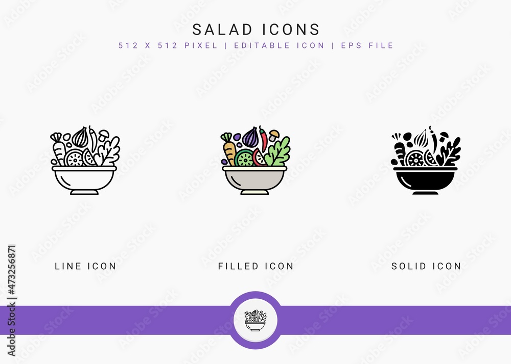 Salad icons set vector illustration with solid icon line style ...