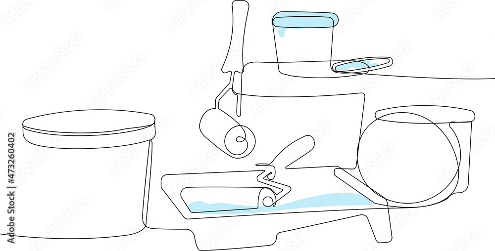 Continuous one line drawing of wall painter tool brush roller bucket ...