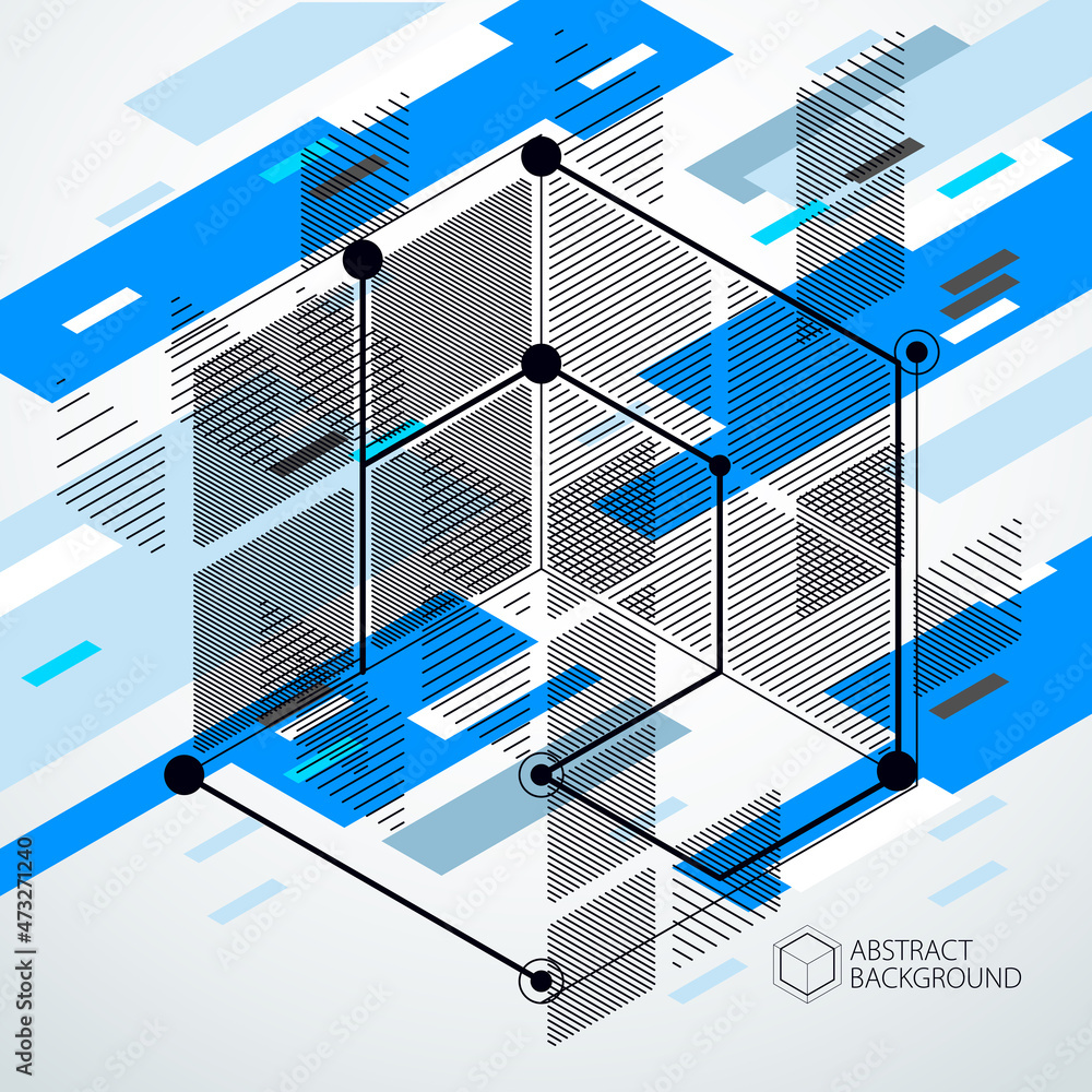 Vector of abstract geometric 3D cube pattern and blue background. Layout of cubes, hexagons ...