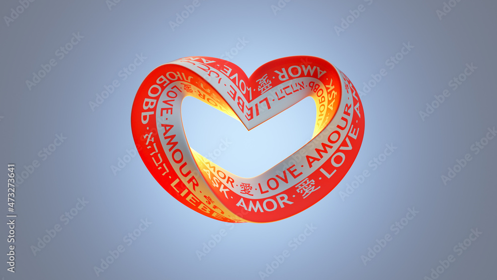 Twisted heart shape with LOVE text in different languages 3D render ...