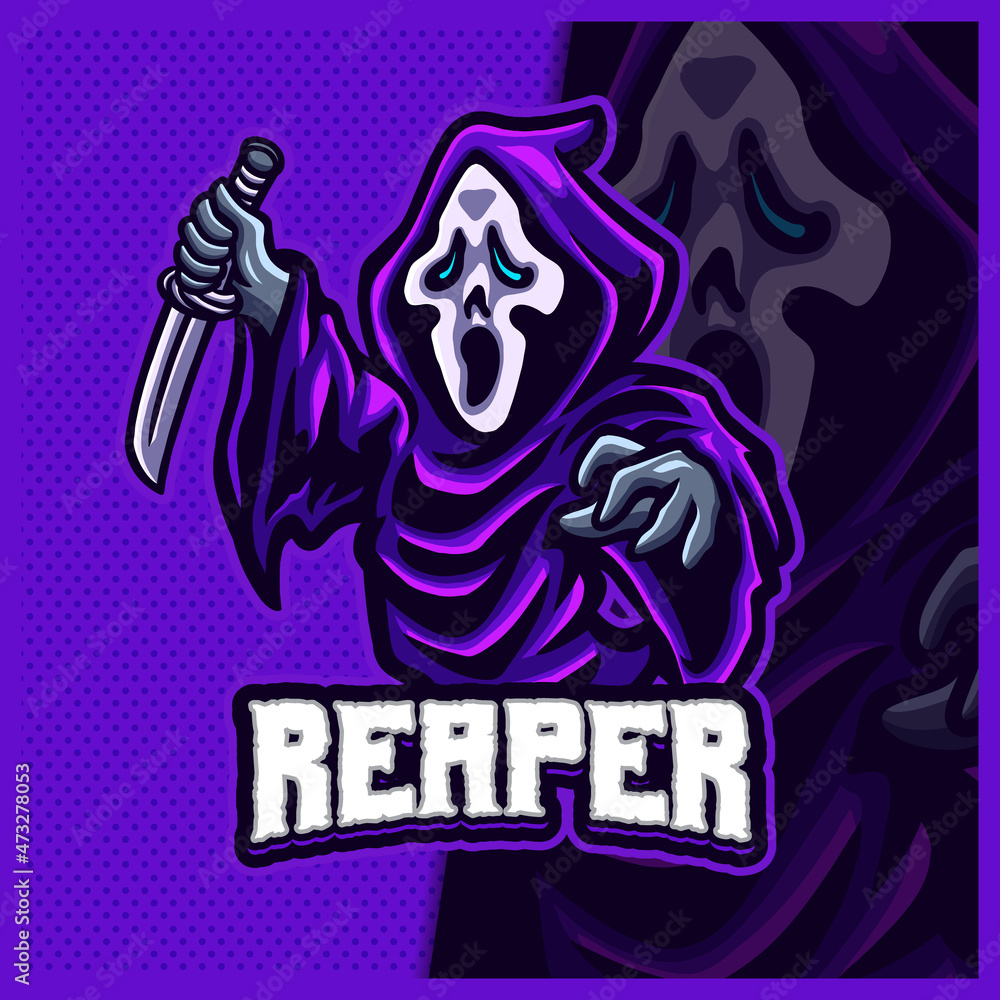 Killers Hood Reaper glow blue color esport and sport mascot logo design ...