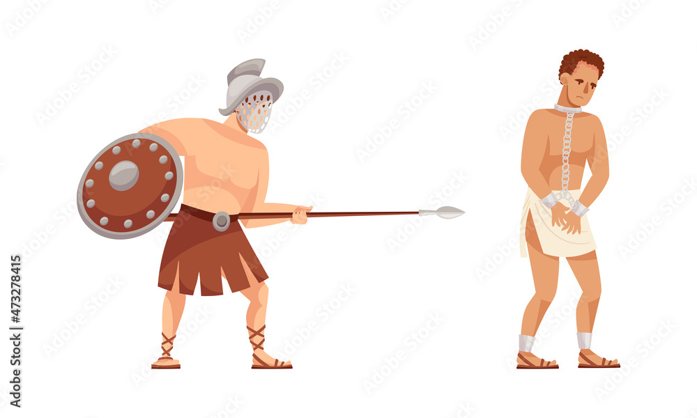 Ancient roman gladiator with sword and slave set cartoon vector ...